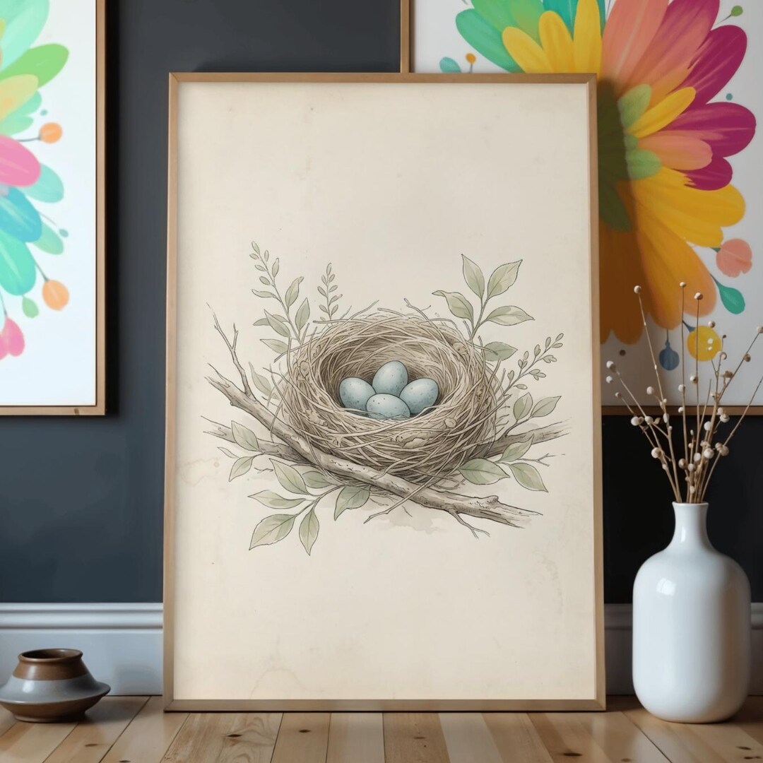 Bird Nest Wall Art Printable, Vintage Botanical Nest Illustration ...