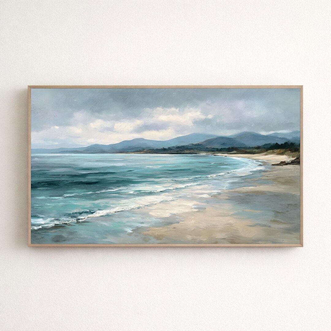 Muted Blue Ocean Painting, Vintage Coastal Seascape Art (digital ...