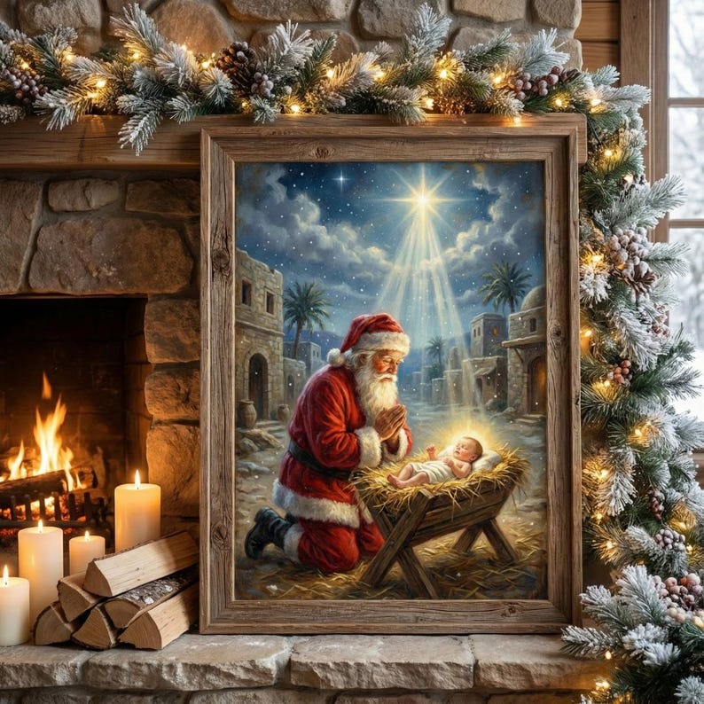 Santa Kneeling Before Jesus Print | Christmas Nativity Art (digital ...