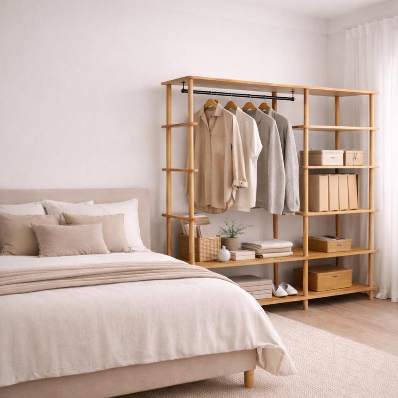 Handmade Beech Wood Open Wardrobe: Minimalist Garment Rack With Shelves ...