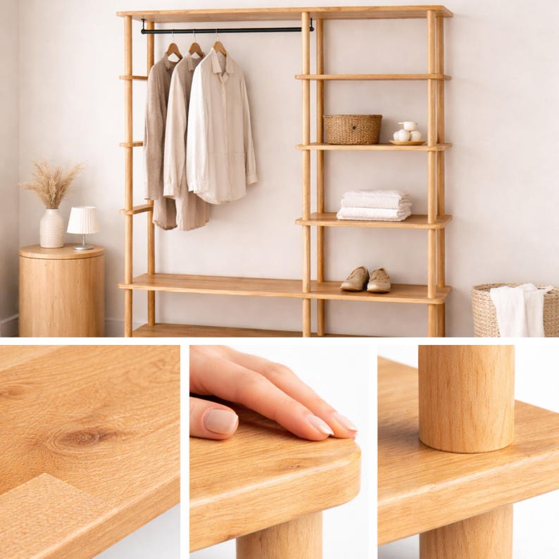 Handmade Beech Wood Open Wardrobe: Minimalist Garment Rack With Shelves ...