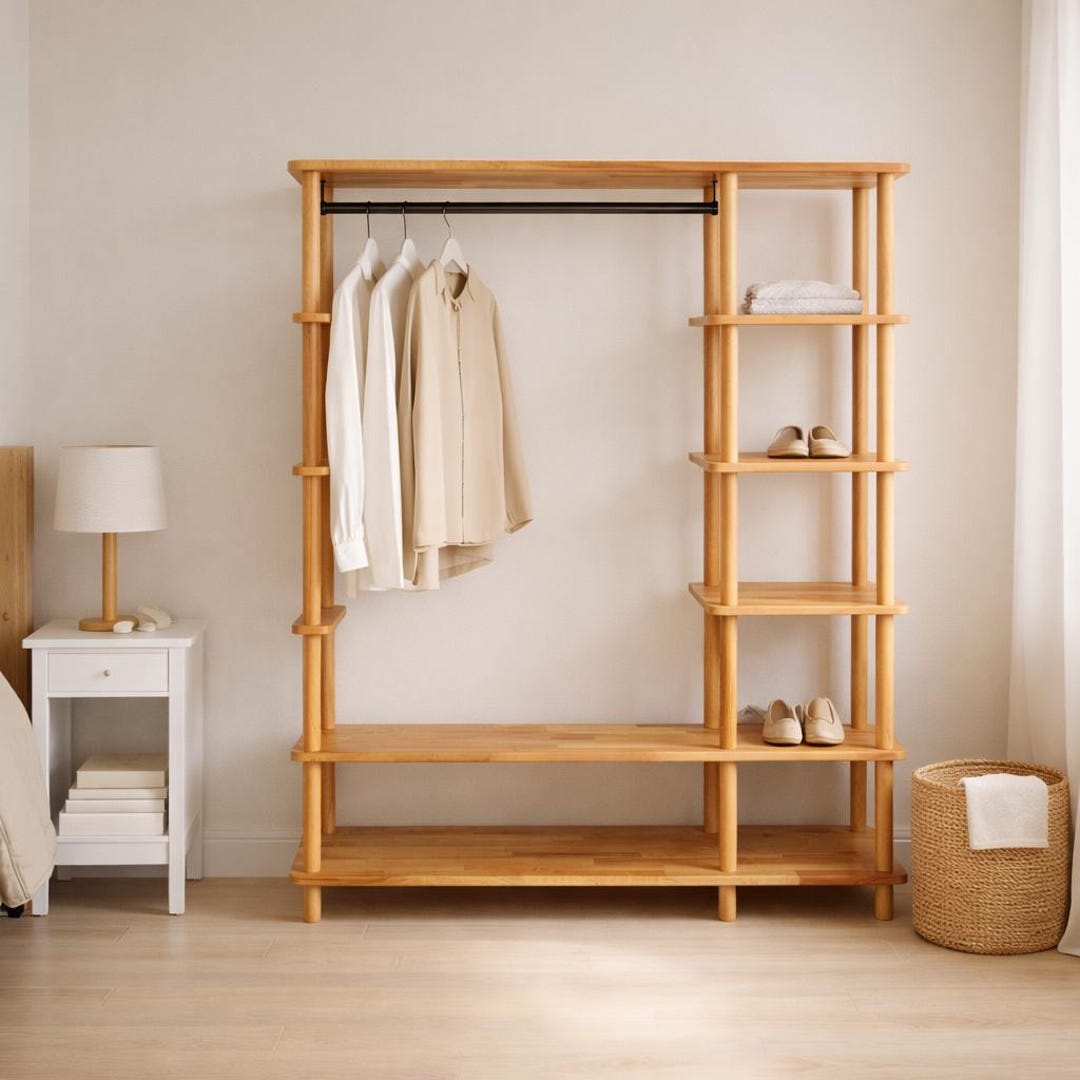 Minimalist Beech Wood Open Wardrobe: Handmade Clothes Rack With Shelves ...