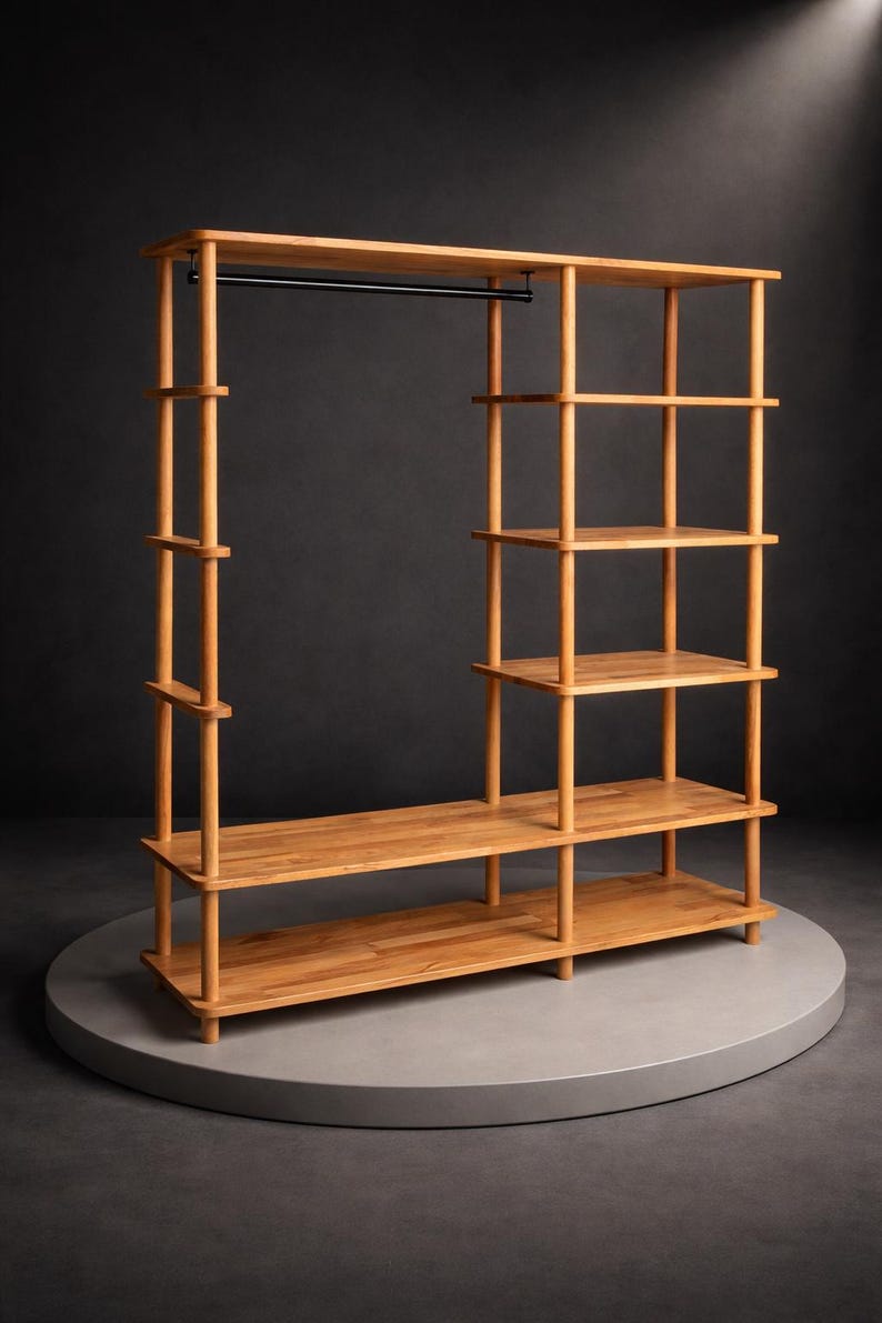 Handmade Beech Wood Open Wardrobe: Minimalist Garment Rack With Shelves ...