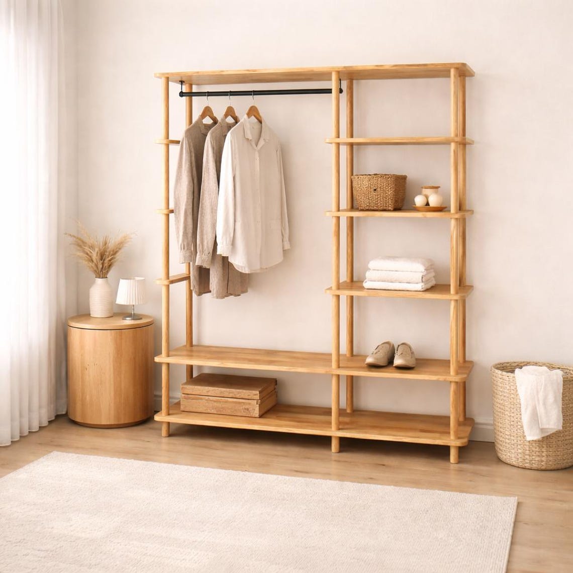 Handmade Beech Wood Open Wardrobe: Minimalist Garment Rack With Shelves ...