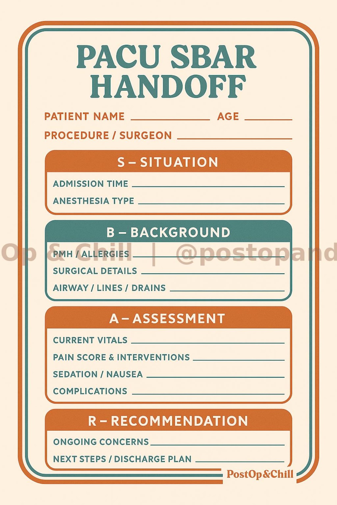 PACU Nurse SBAR Handoff Report Template: Postop & Chill (PDF Download) - Etsy