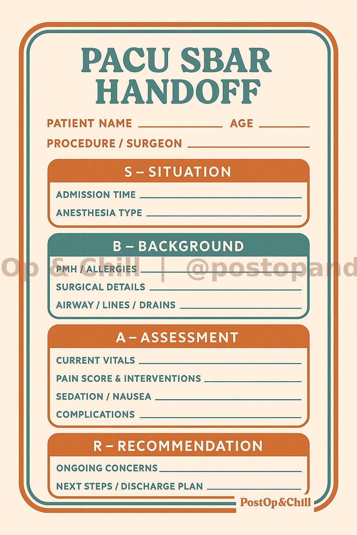 PACU SBAR Handoff Report Template | Recovery Room Nurse Sheet | Post ...