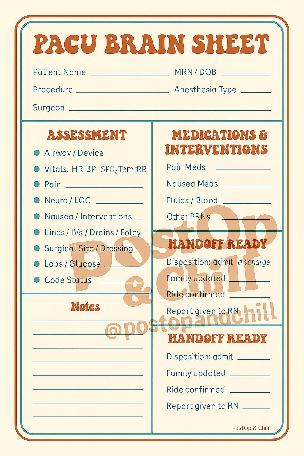 PACU Nurse Report Sheet: Groovy Post-op Recovery Tool (digital Download ...