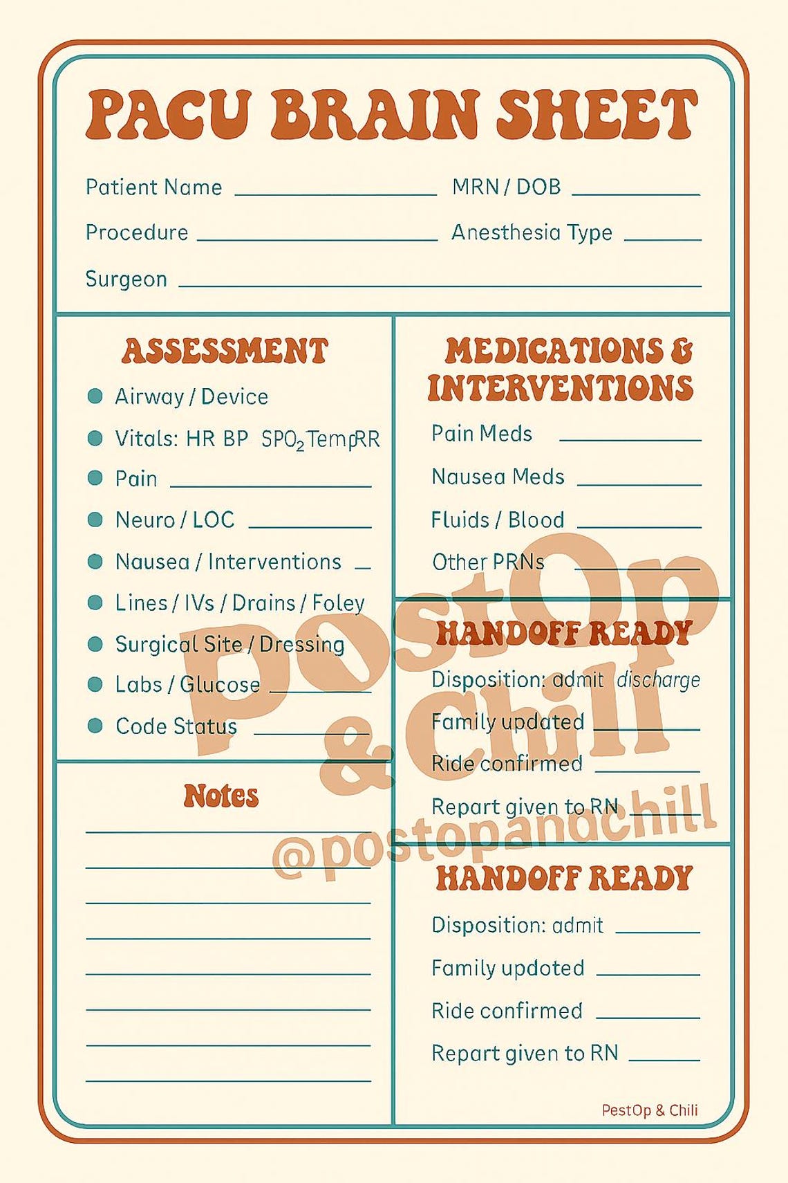 PACU Nurse Survival Bundle Pdf | Brain Sheet, SBAR, Checklist & IV ...
