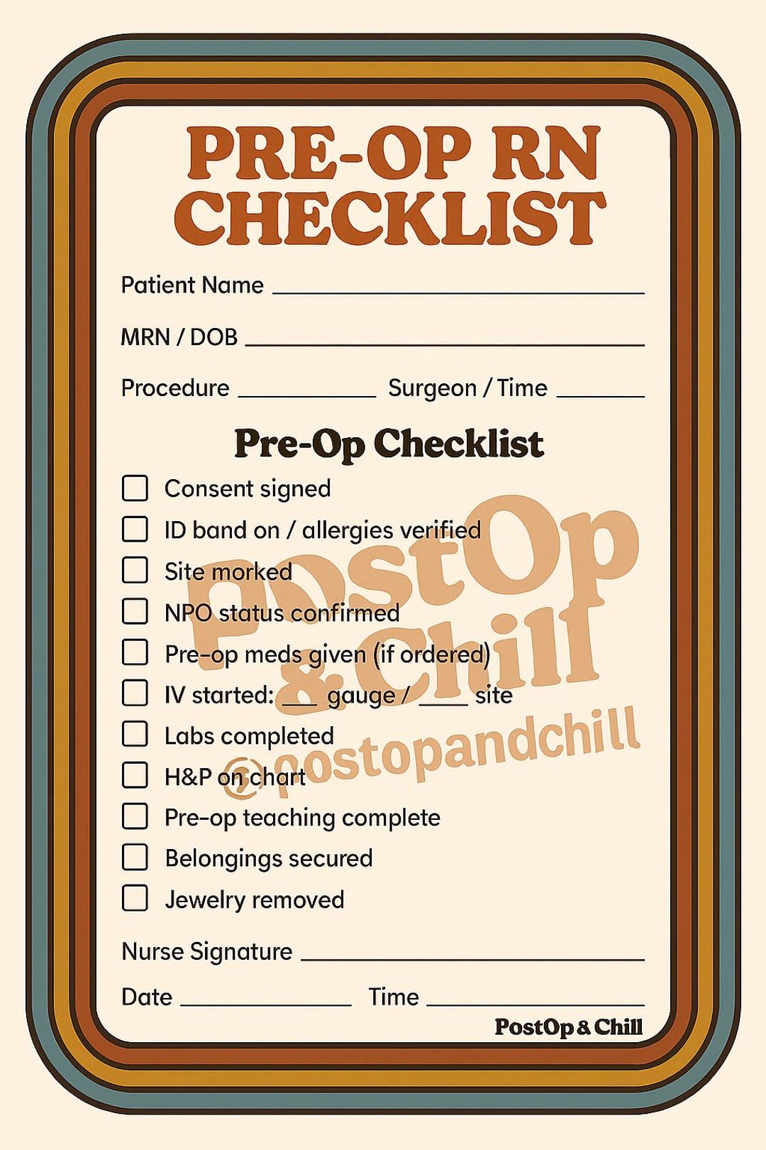 Pre-op RN Checklist: Printable PACU Nurse Prep Sheet (digital PDF) - Etsy
