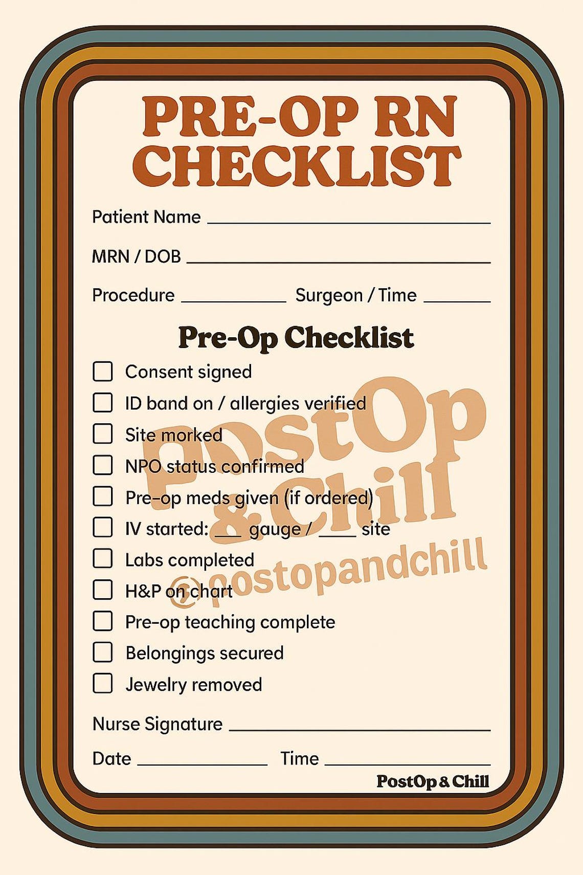 Pre-op RN Checklist: Printable PACU Nurse Prep Sheet (digital PDF) - Etsy
