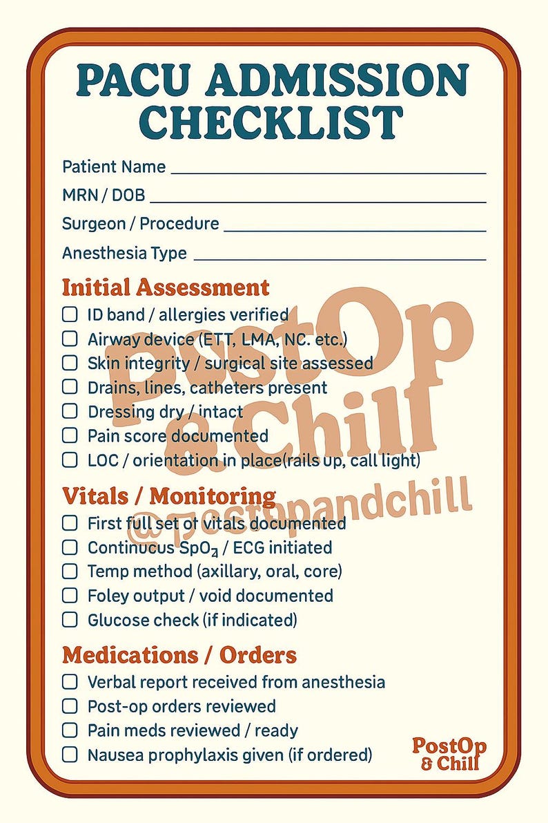 PACU Admission Checklist PDF | Post Anesthesia Intake Tool | Recovery ...