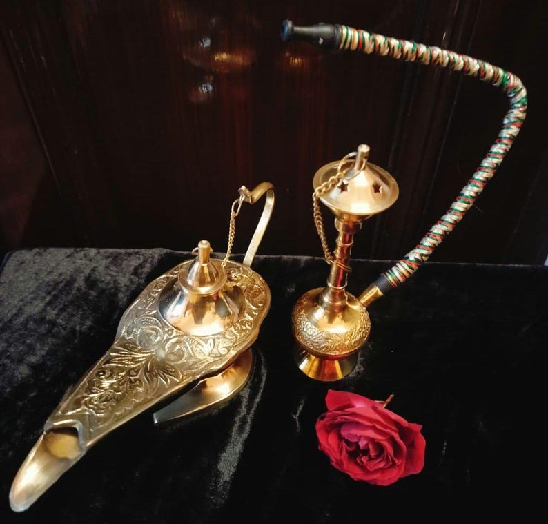 Vintage Brass Oil Lamp Set | Aladdin Style Genie Lamp & Traditional ...