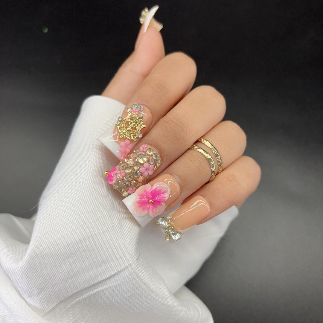 3D Flower Short Duck White Curve French Tips Bling Handmade Acrylic ...