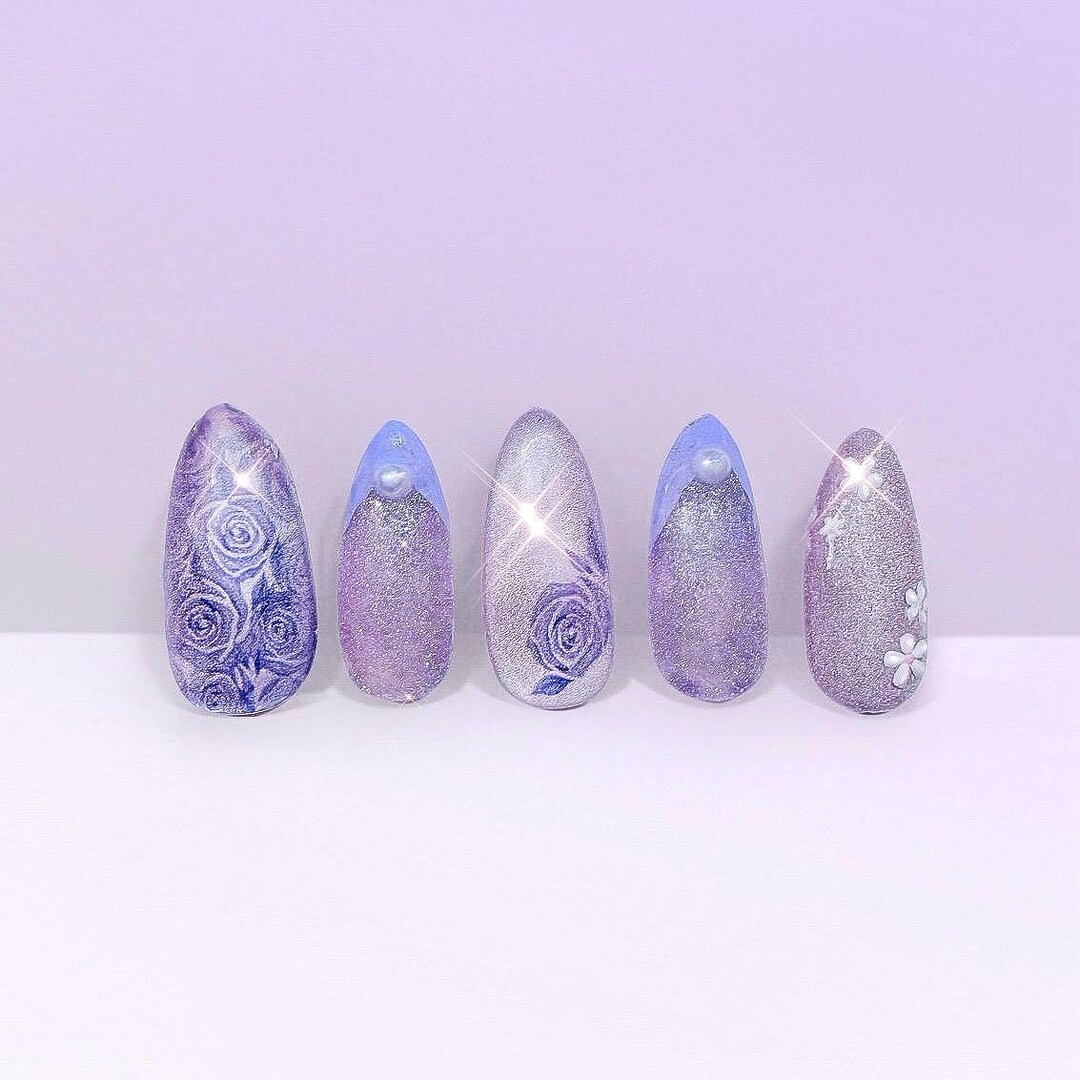Lilac Twilight Press on Nails: Purple Rose Glitter, Fairycore Nails - Etsy