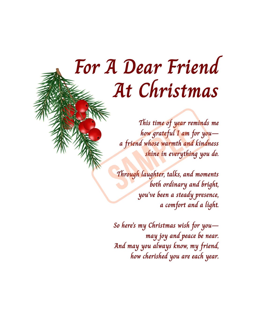 Christmas Friendship Poem Gift, Printable Holiday Card (digital ...