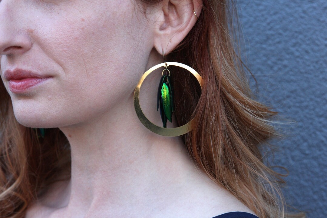Emerald Green Beetle Wing Hoop Earrings, Elytra Jewelry, Nature-themed ...