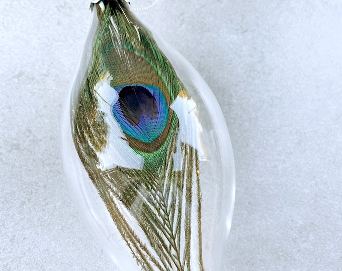 Ornament Blown Clear Lightweight Glass Ornament Real Peacock Feather ...