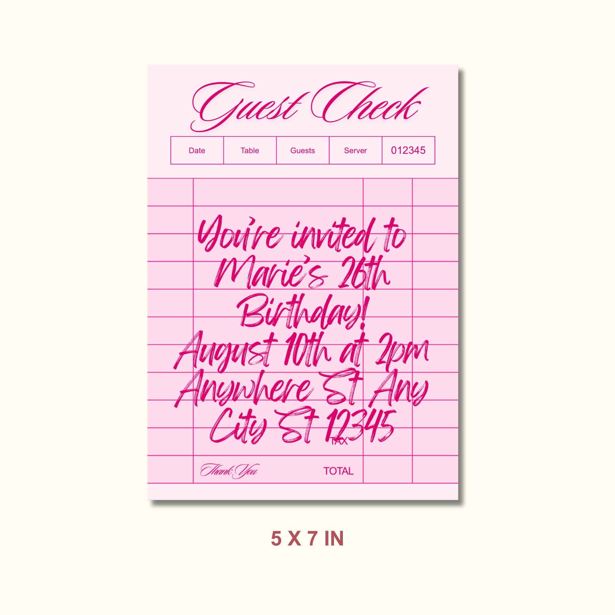 Pink Guest Check Birthday Invitation, Guest Check Receipt Invitation ...