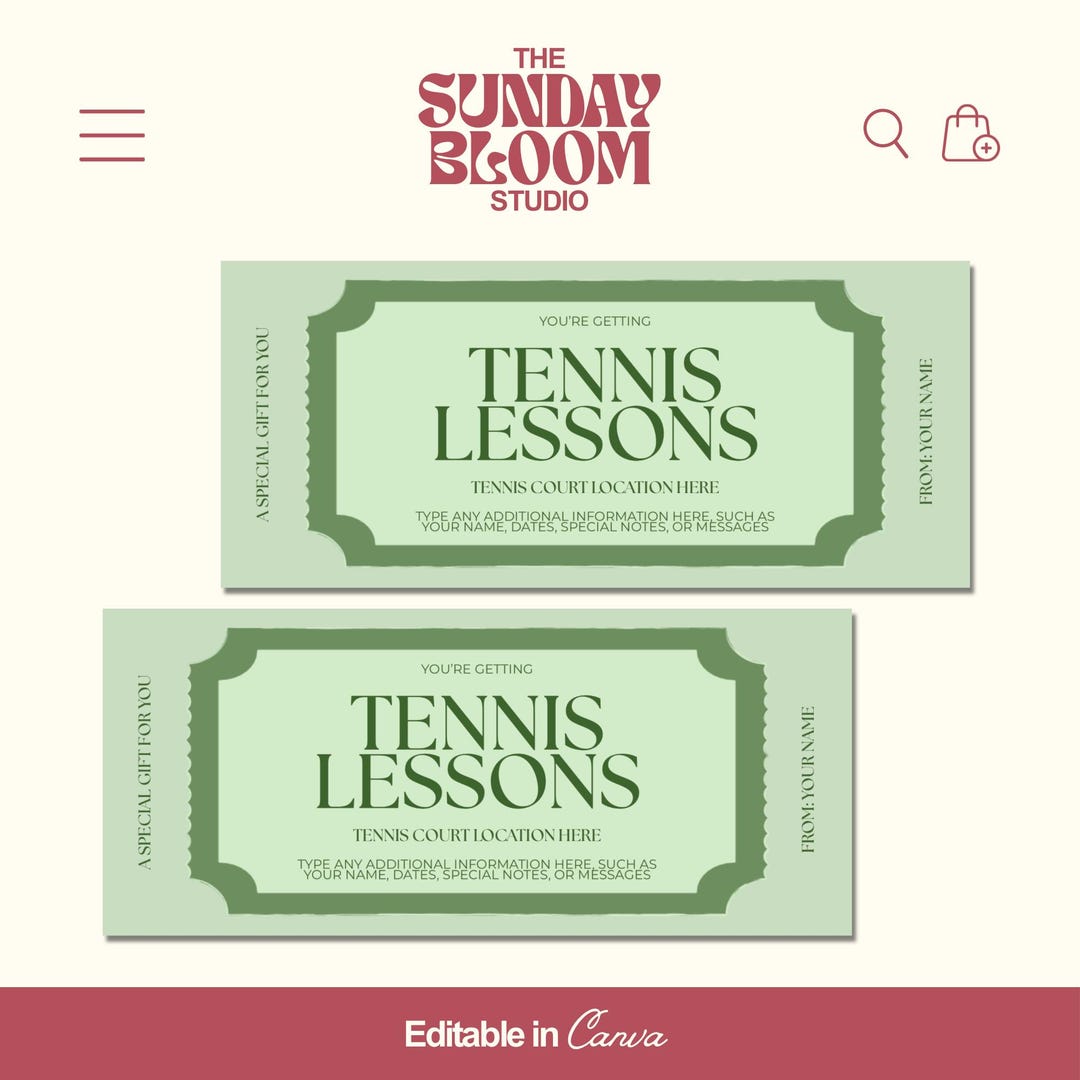 Tennis Lessons Gift Voucher, Tennis Gift Certificate, Tennis Gift Card ...