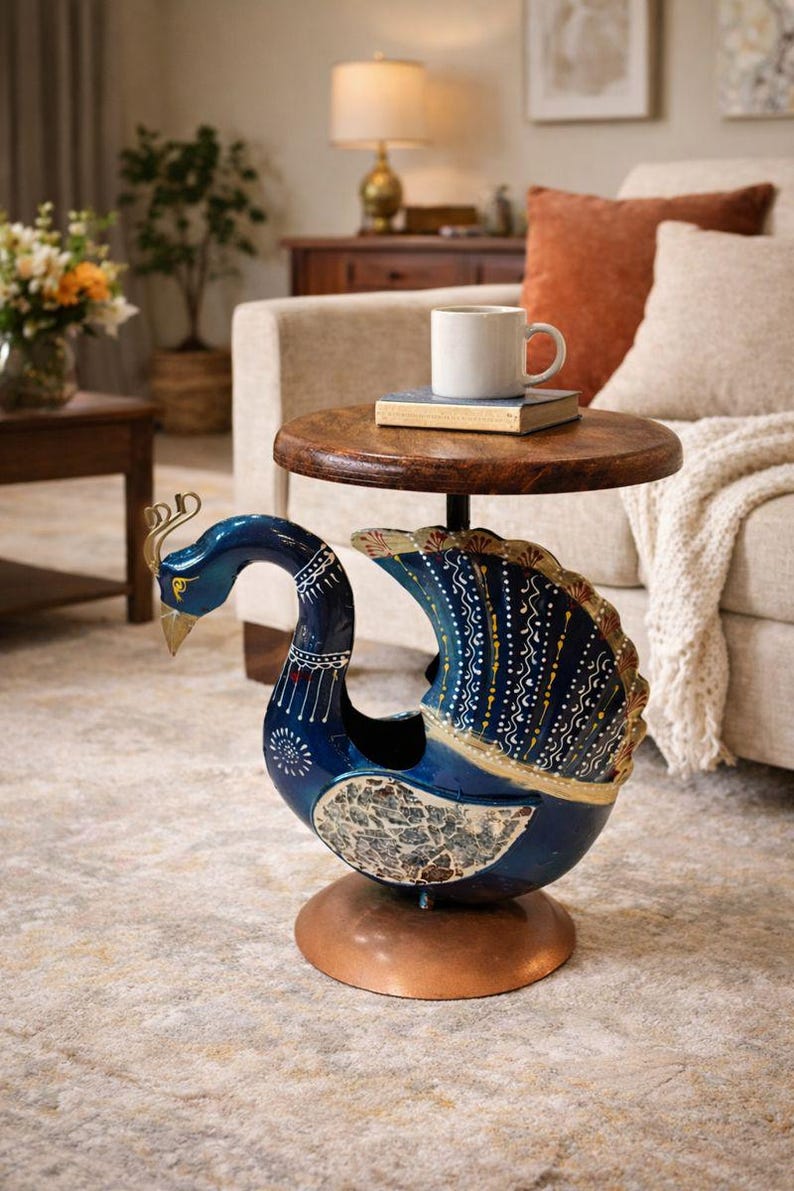 Hand Painted Peacock Side Table | Indian Wooden Accent Table ...
