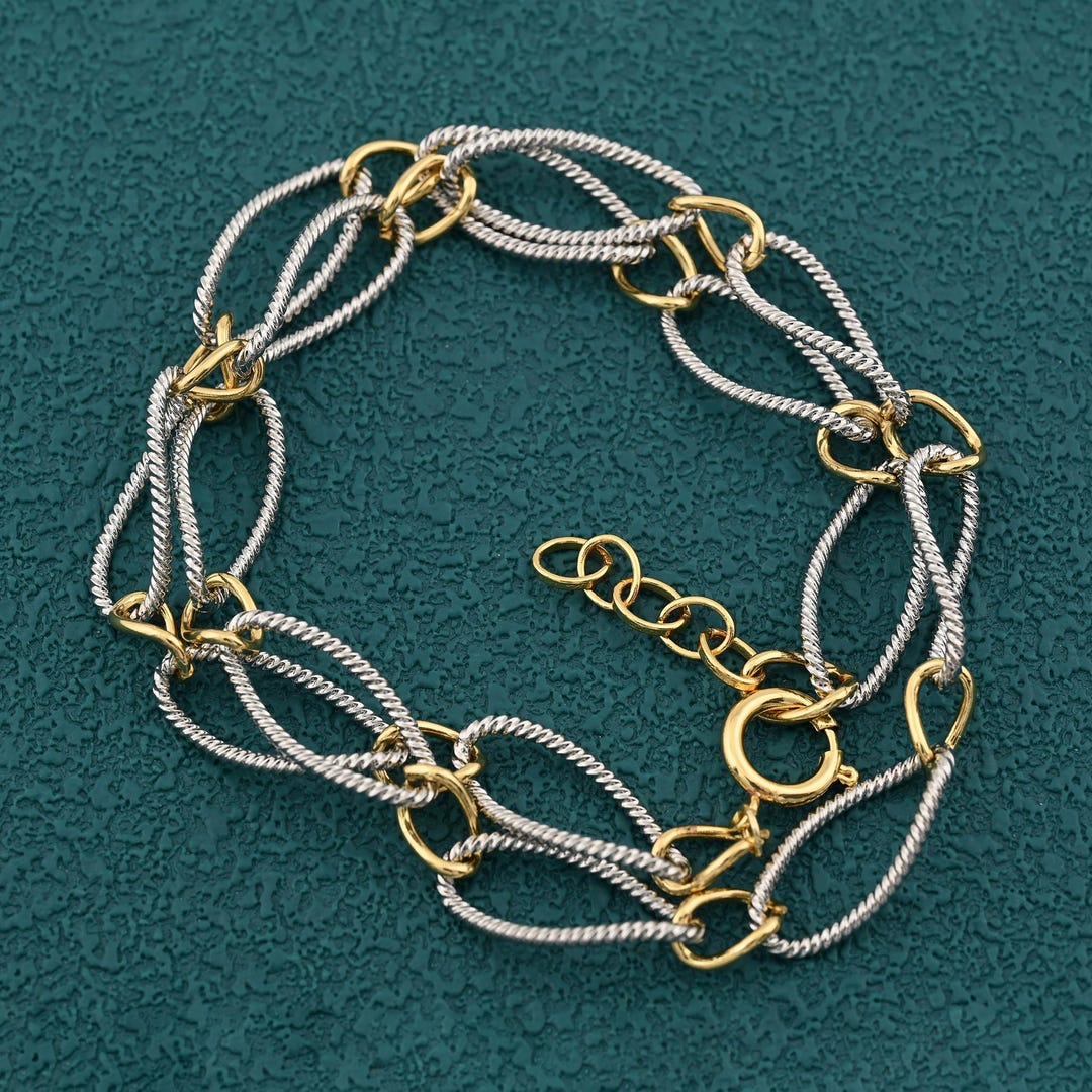 Classic 18K Gold Filled Silver Gold Mix Oval Link Bracelet With Rope ...