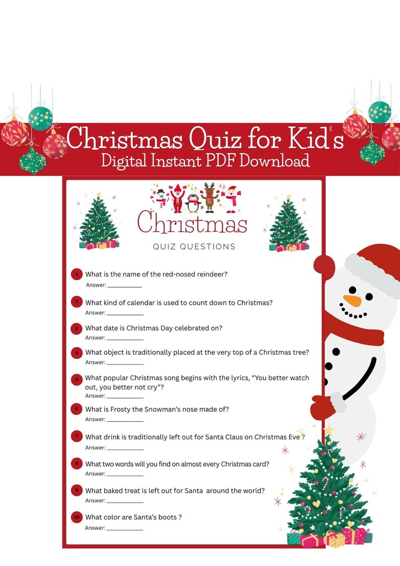 Printable Kids Christmas Quiz | Fun Holiday Trivia Game | Christmas ...