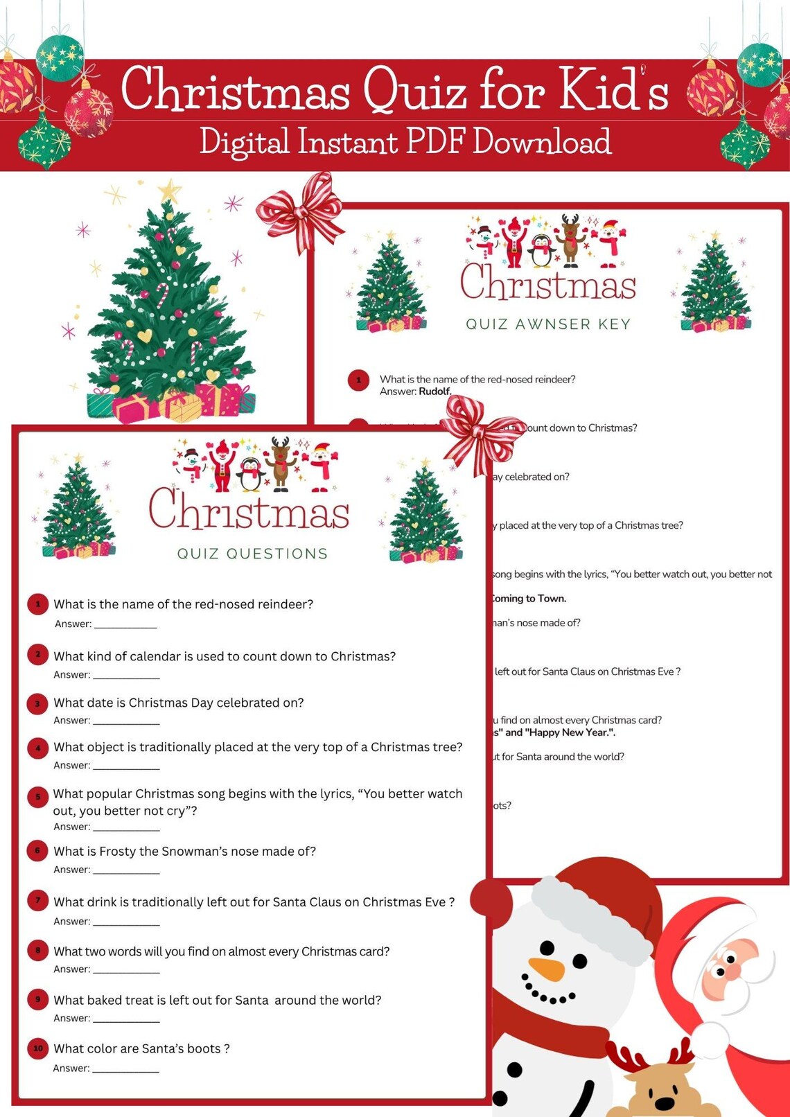 Printable Kids Christmas Quiz | Fun Holiday Trivia Game | Christmas ...