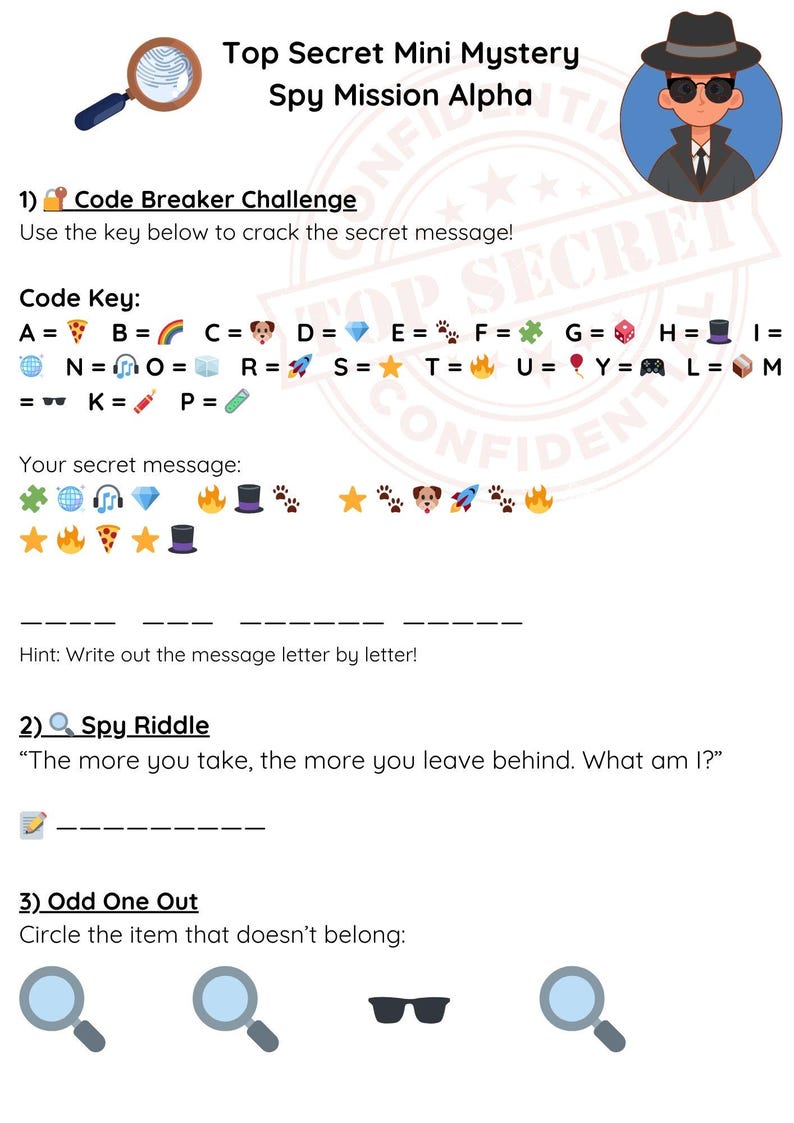 Kids Spy Mission Printable: Secret Agent Game, Code Breaker (PDF ...