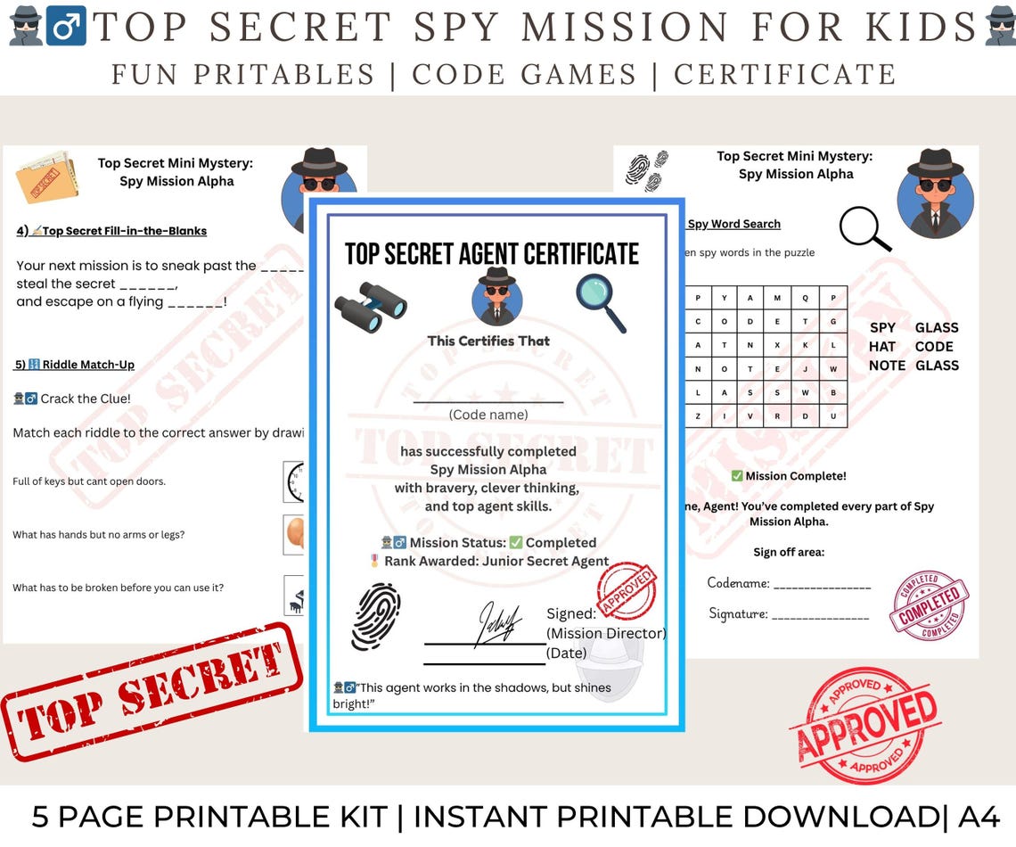 Kids Spy Mission Printable: Secret Agent Game, Code Breaker (PDF ...