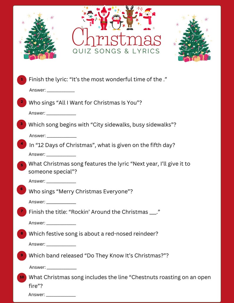 Printable Christmas Quiz Bundle – 5 Festive Trivia Games & Answer Sheet ...