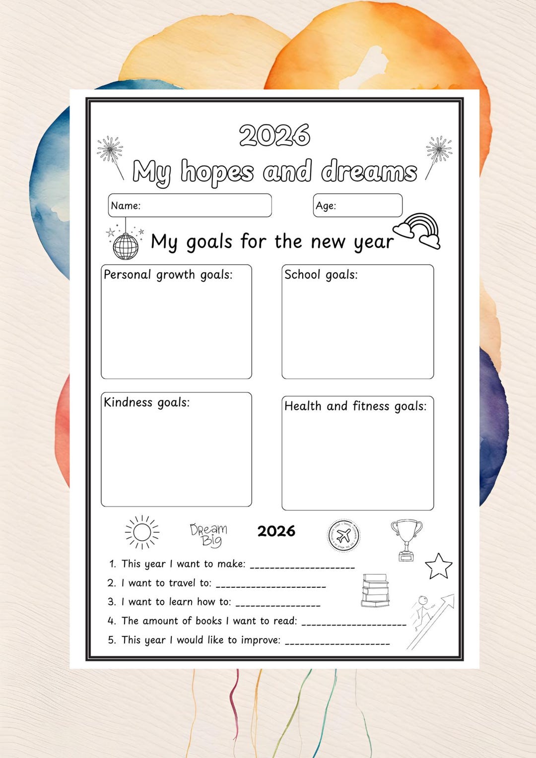 My Hopes & Dreams for 2026, Kids Goal Setting Printable, New Year ...