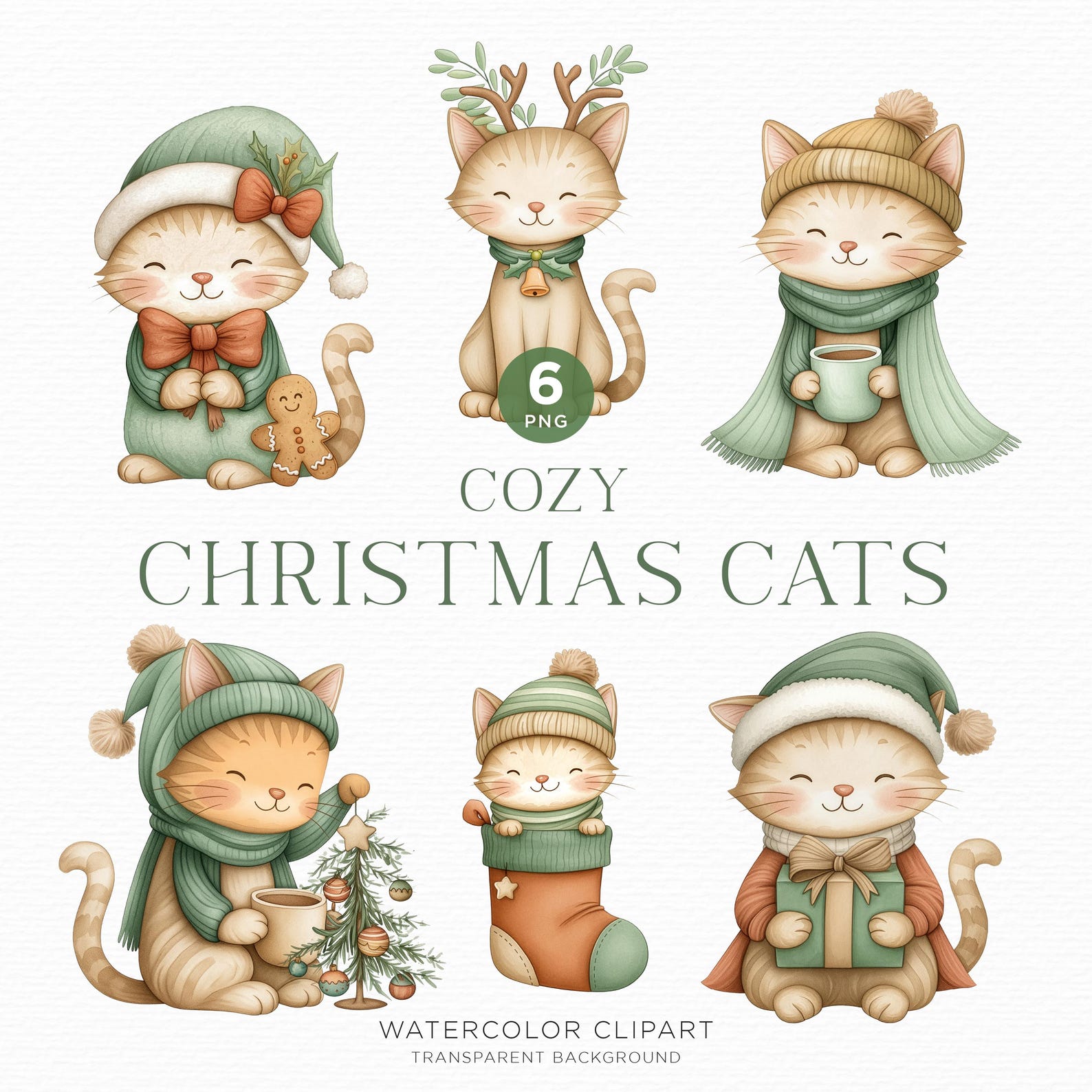 Cozy Christmas Cats Watercolor Clipart, Holiday Cat Illustrations ...