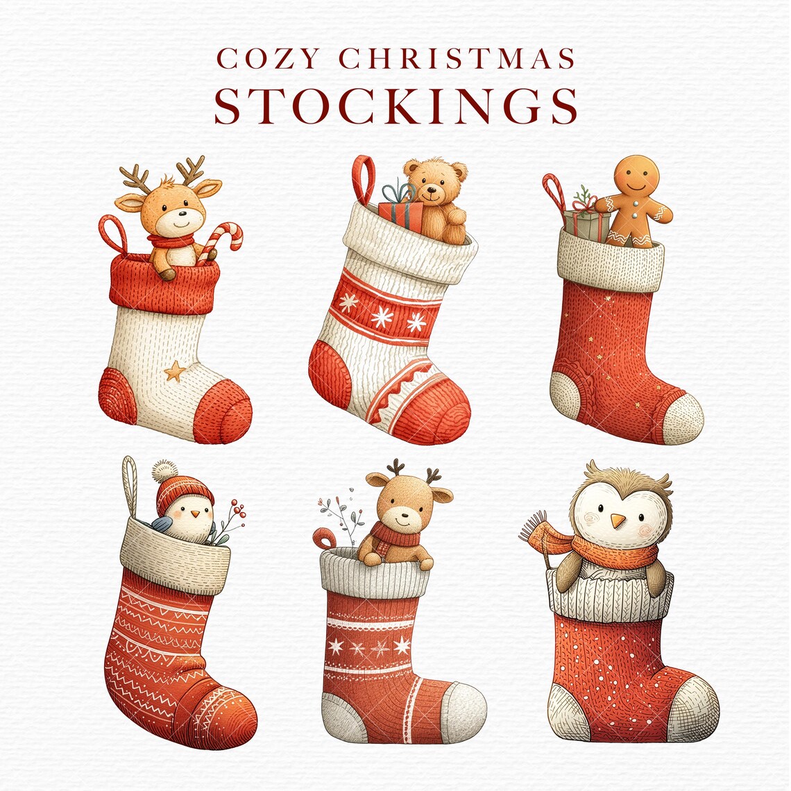 Cozy Christmas Stockings 15 PNG Watercolor Clipart, Teddy Bear ...