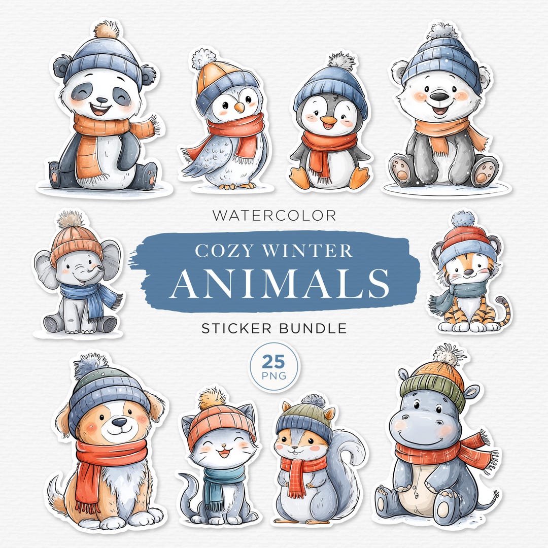 Watercolor Winter Animals Clipart: 25 PNG Sticker Bundle (PDF Download ...