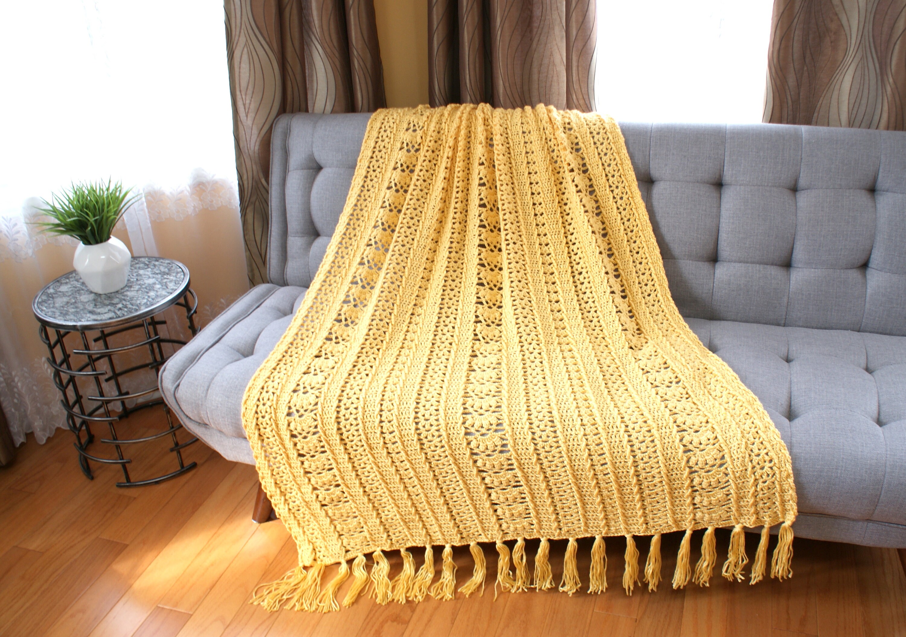 Lacy Shells Crochet Afghan, Handmade Throw, Yellow Blanket, Medium ...