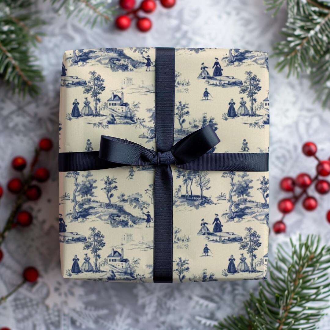 French Countryside Scenes Vintage Style Wrapping Paper, Navy and Cream ...