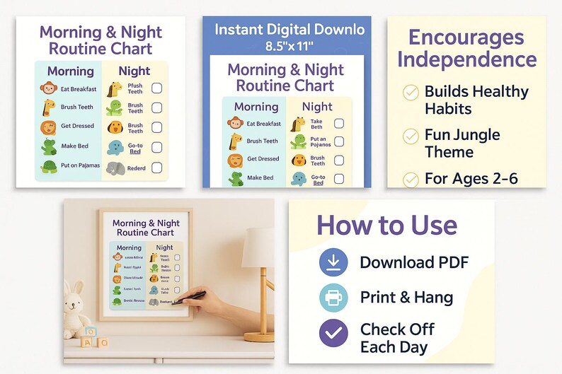 Kids Morning and Night Routine Chart - Jungle Theme | Printable Daily ...