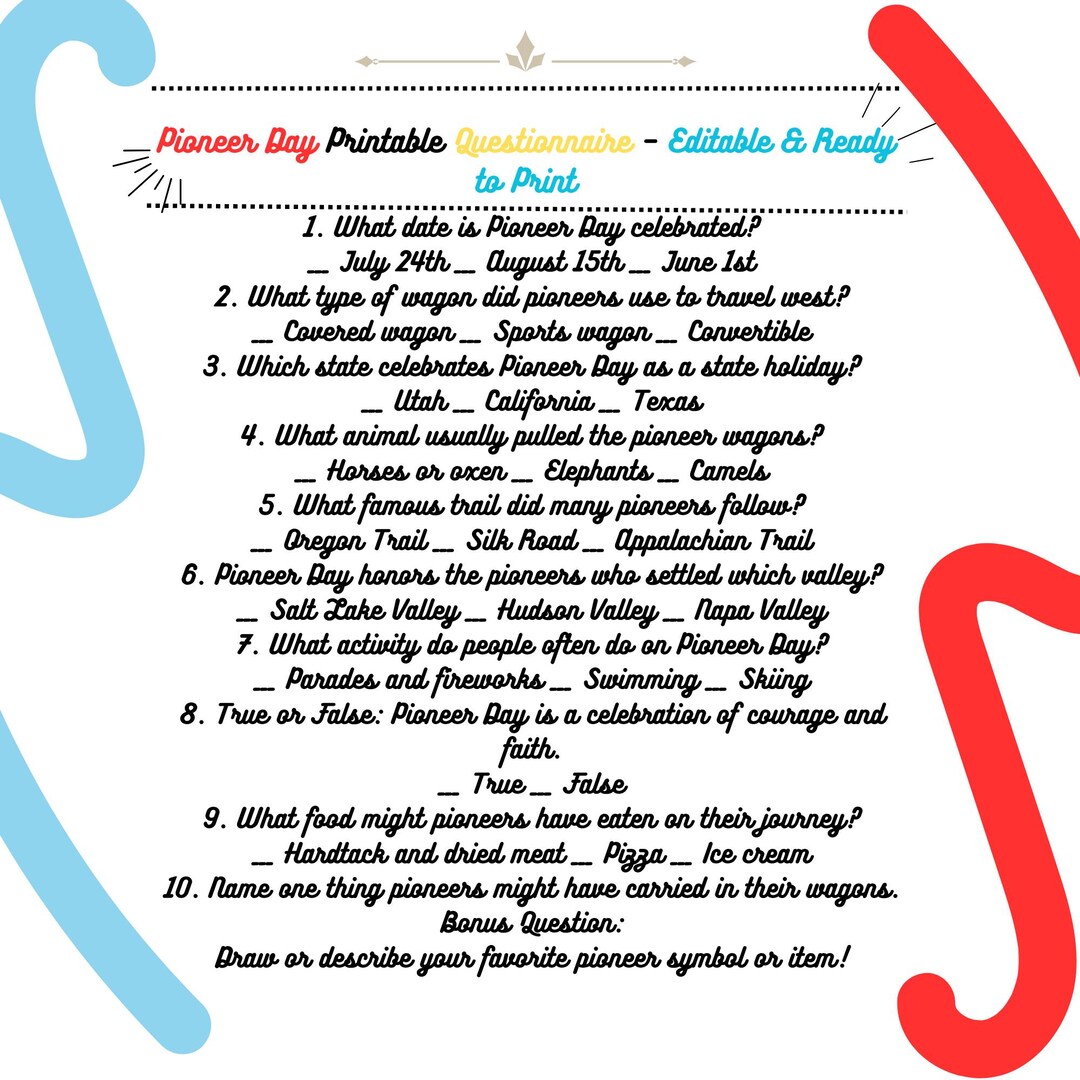 Pioneer Day Printable Questionnaire – Fun LDS Activity Worksheet for ...