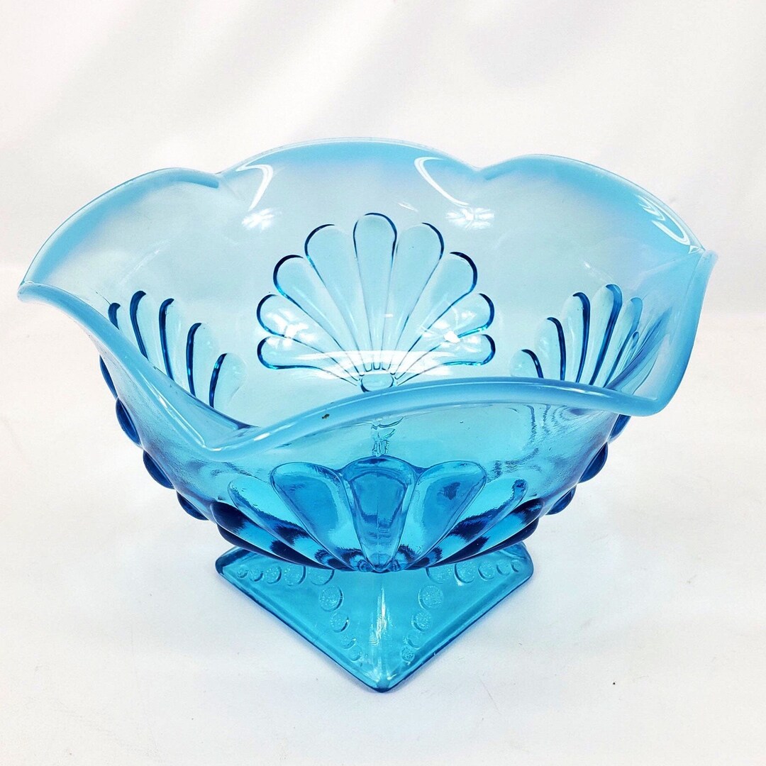 Blue Glass, Shell Pattern, Candy Dish, Ruffled Edge, Aqua Glass, Footed ...