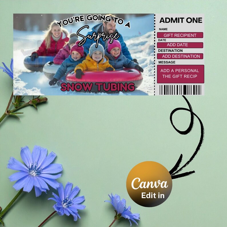Editable Snow Tubing Gift Ticket, Winter Surprise Ticket, Printable ...