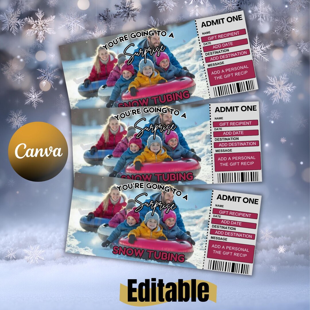 Editable Snow Tubing Gift Ticket, Winter Surprise Ticket, Printable ...