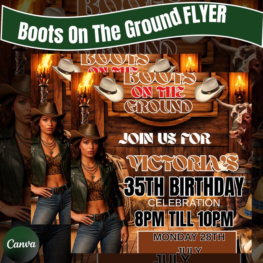 Boots on the Ground Party Flyer Canva Template, Western Birthday Invite ...