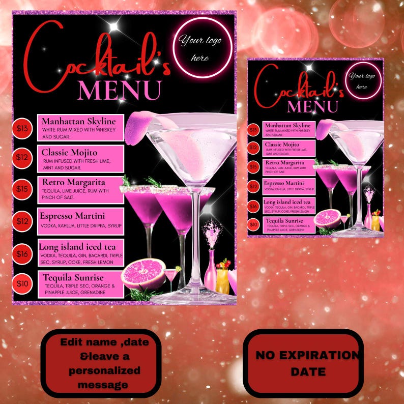 Cocktail Menu Flyer, DIY Flyer Template Design, Pink Menu Flyer ...