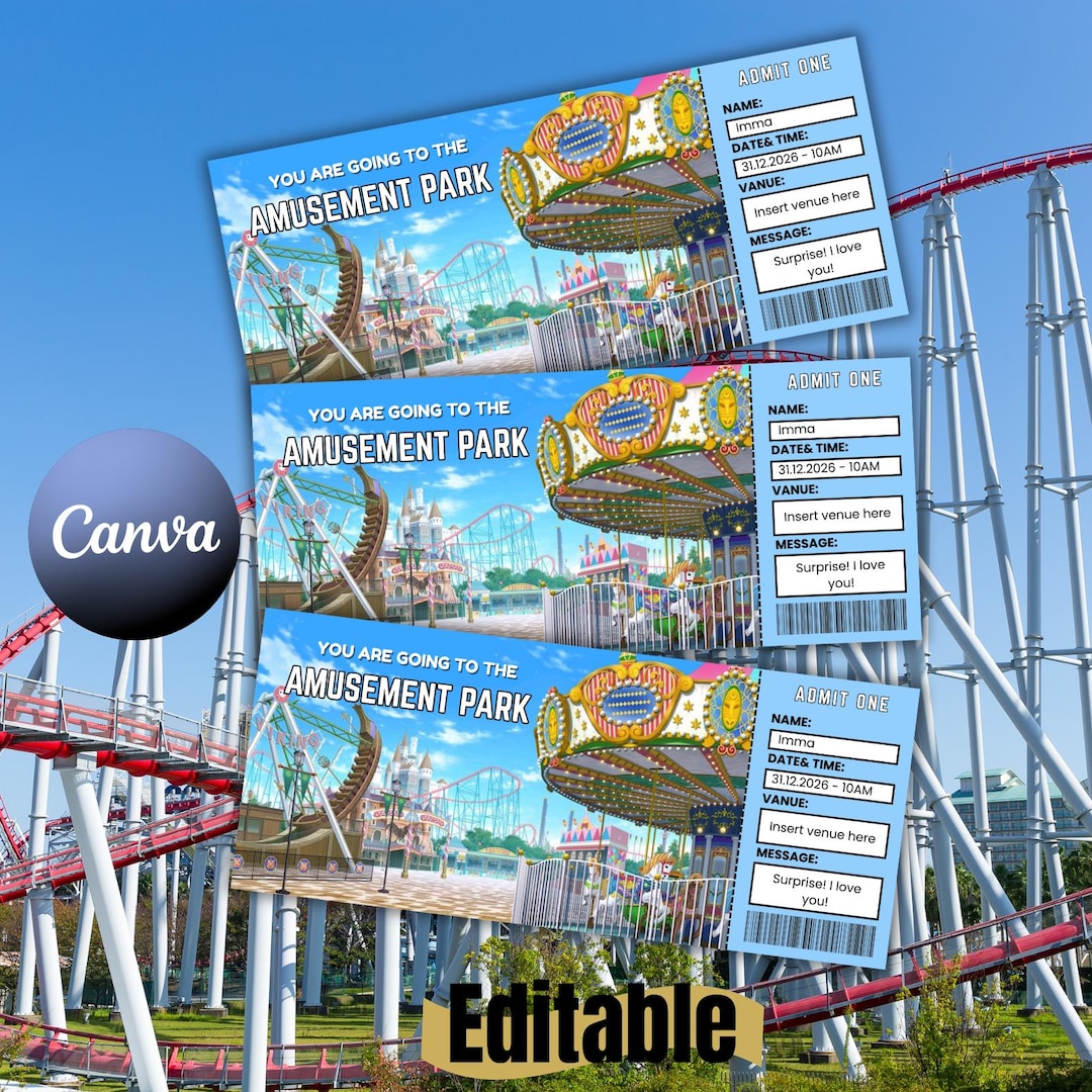 Editable Amusement Theme Park Ticket, Family Vacation Reveal,printable ...