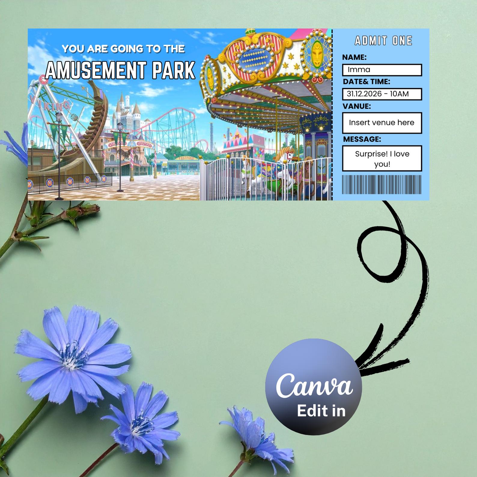 Editable Amusement Theme Park Ticket, Family Vacation Reveal,printable ...