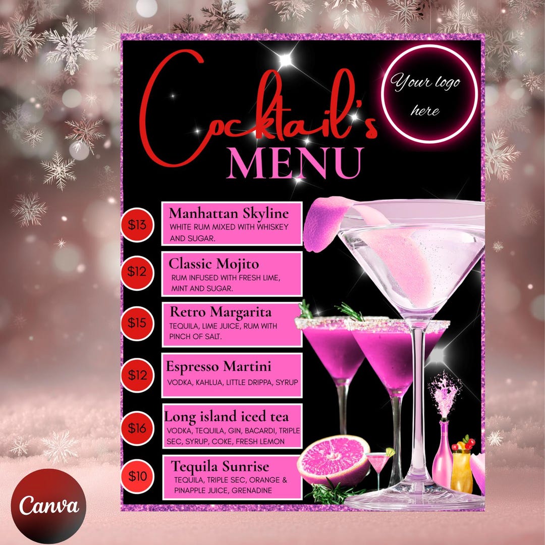 Cocktail Menu Flyer, DIY Flyer Template Design, Pink Menu Flyer ...