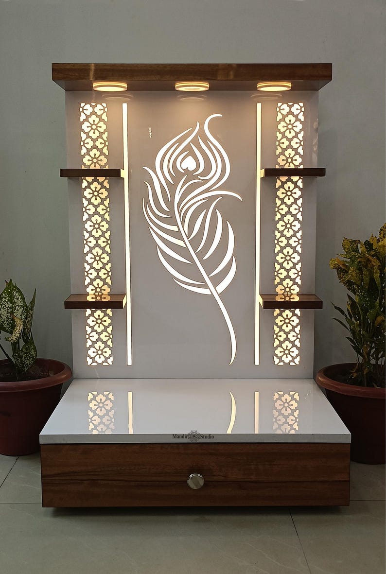 Glossy White Wooden Mandir With Lights, Pooja Room Temple (36x24x16 IN ...