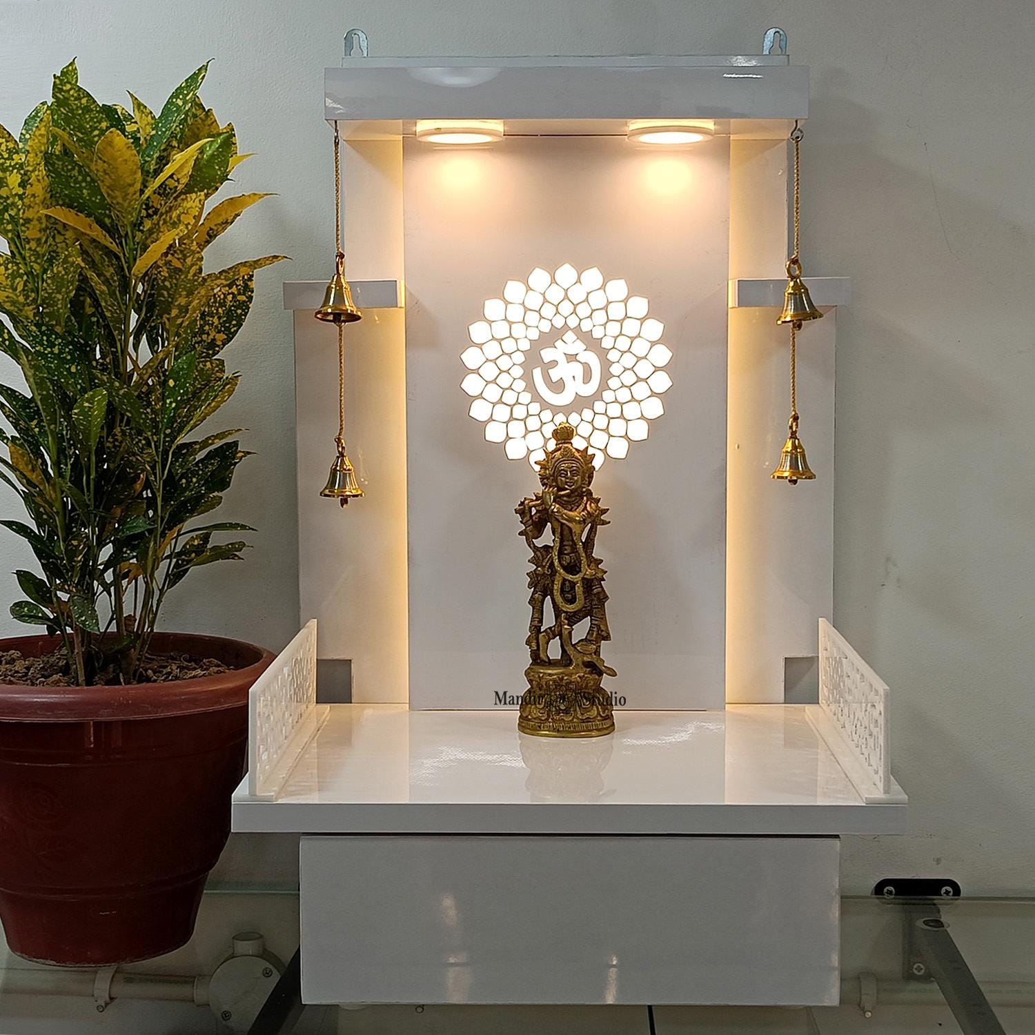 Glossy White Wooden Mandir With Lights, Pooja Room Decor (24x16x12 IN ...