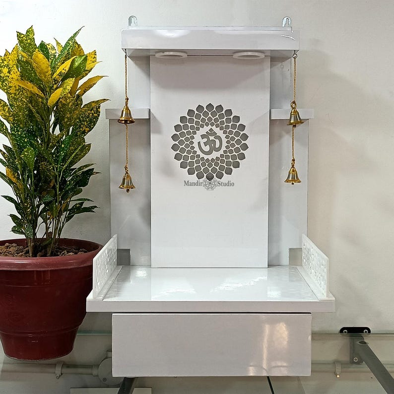 Glossy White Wooden Mandir With Lights, Pooja Room Decor (24x16x12 IN ...