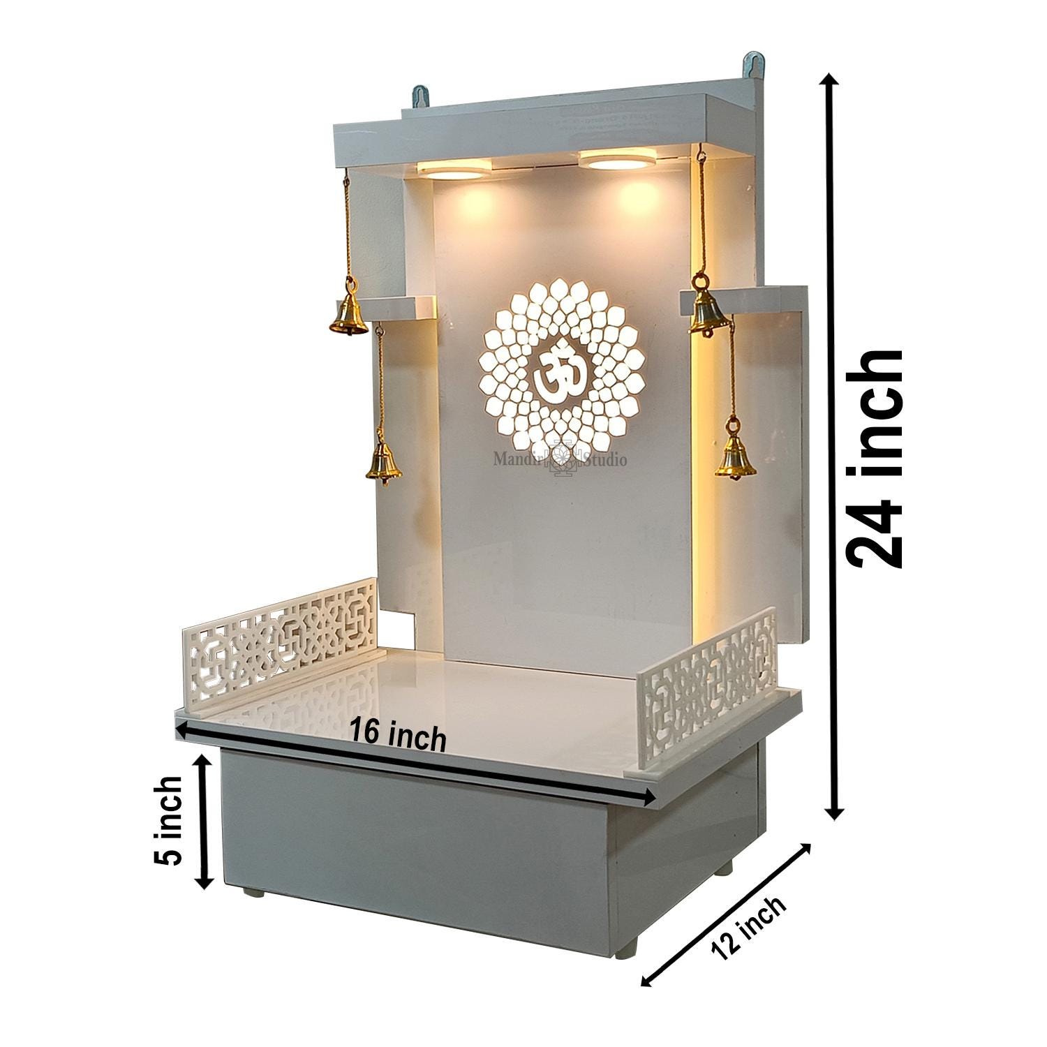 Glossy White Wooden Mandir With Lights, Pooja Room Decor (24x16x12 IN ...